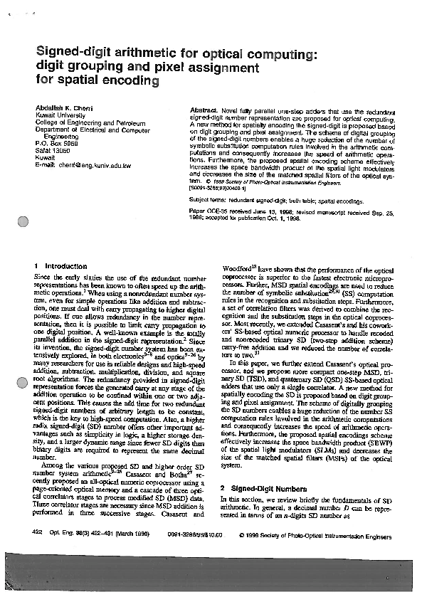 Pdf Signed Digit Arithmetic For Optical Computing Digit Grouping And Pixel Assignment For