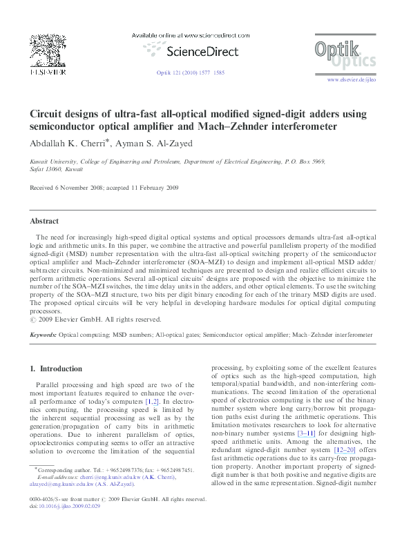 (PDF) Circuit designs of ultra-fast all-optical modified signed-digit adders using semiconductor ...