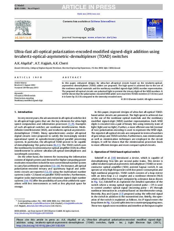 (PDF) Ultra-fast all-optical polarization-encoded modified signed-digit addition using terahertz ...