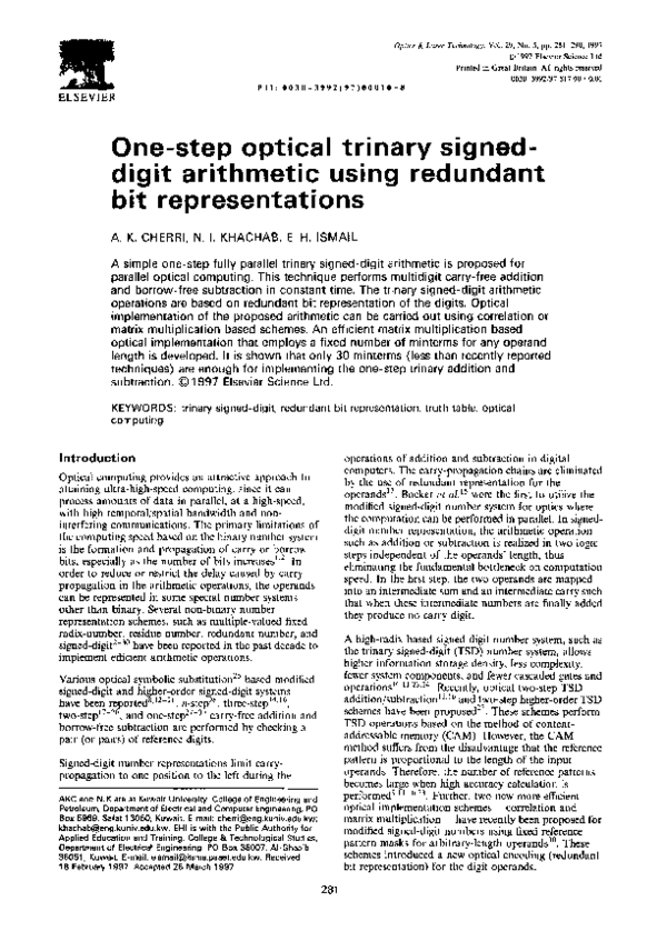 Pdf One Step Optical Trinary Signed Digit Arithmetic Using Redundant Bit Representations
