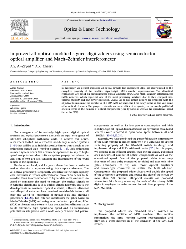 Pdf Improved All Optical Modified Signed Digit Adders Using