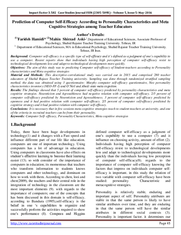 (PDF) Prediction of Computer Self-Efficacy According to Personality Characteristics and Meta ...