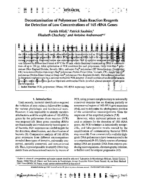 (PDF) Decontamination of polymerase chain reaction reagents for detection of low concentrations ...