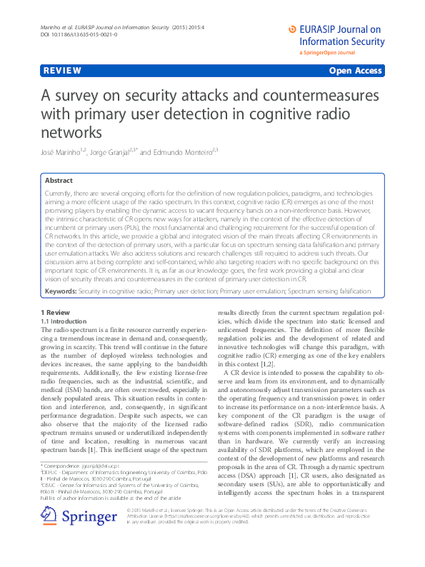 Pdf A Survey On Security Attacks And Countermeasures With Primary User Detection In Cognitive