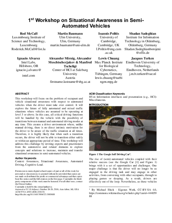 (PDF) 1st Workshop on Situational Awareness in Semi- Automated Vehicles ...