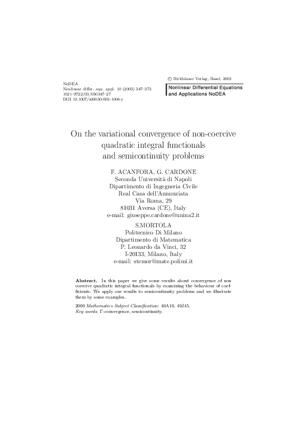 Pdf On The Variational Convergence Of Non Coercive Quadratic Integral Functionals And
