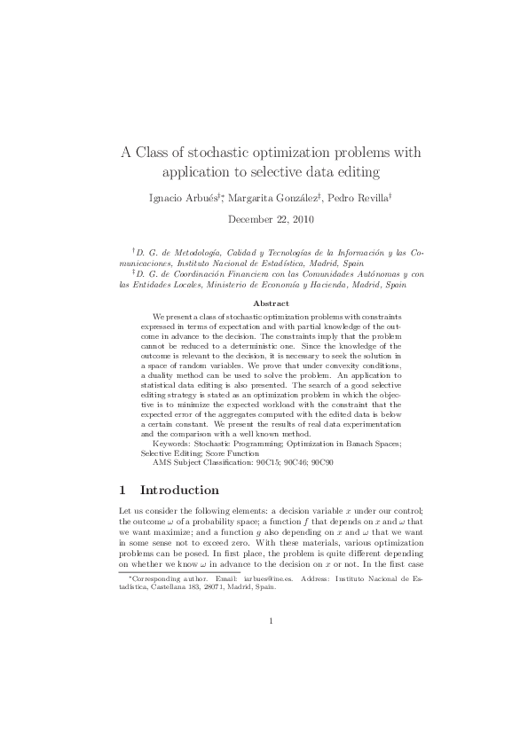 Pdf A Class Of Stochastic Optimization Problems With Application To Selective Data Editing