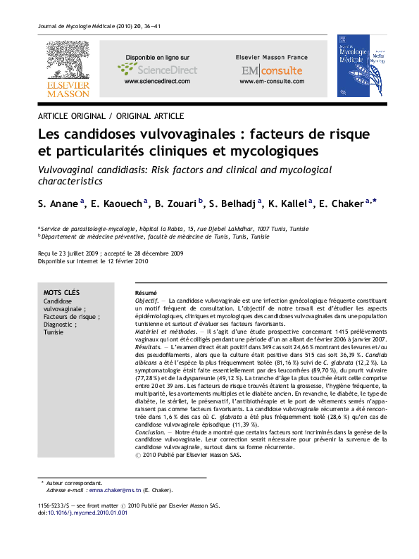 (PDF) Les candidoses vulvovaginales : facteurs de risque et ...