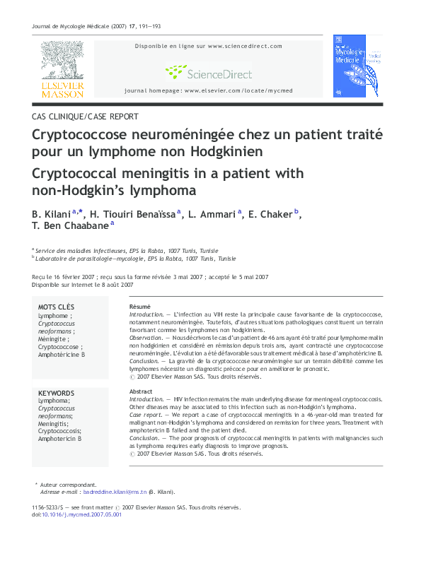 (PDF) Cryptococcose neuroméningée chez un patient traité pour un ...