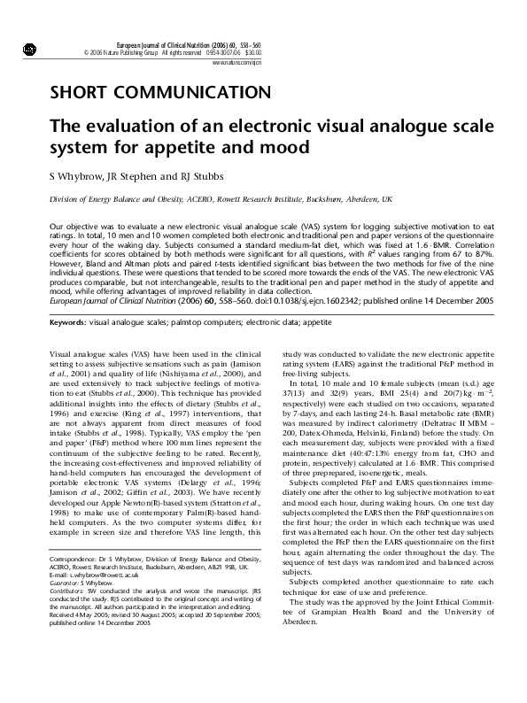 (PDF) The evaluation of an electronic visual analogue scale system for ...
