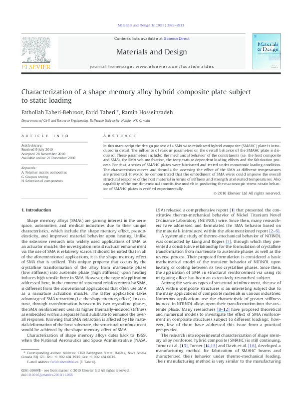 Pdf Characterization Of A Shape Memory Alloy Hybrid Composite Plate Subject To Static Loading