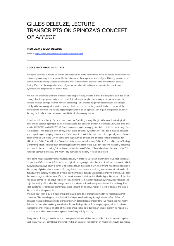 GILLES DELEUZE, LECTURE TRANSCRIPTS ON SPINOZA'S CONCEPT OF AFFECT