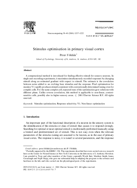(PDF) Stimulus optimisation in primary visual cortex