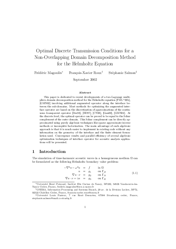 Pdf Optimal Discrete Transmission Conditions For A Nonoverlapping Domain Decomposition Method