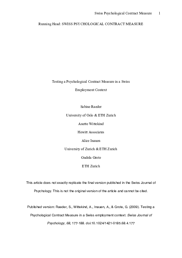 (PDF) Testing a Psychological Contract Measure in a Swiss Employment ...