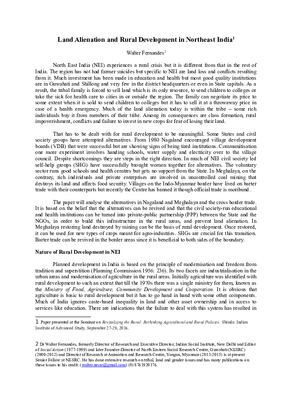 (DOC) Land Alienation and Rural Development in Northeast India1