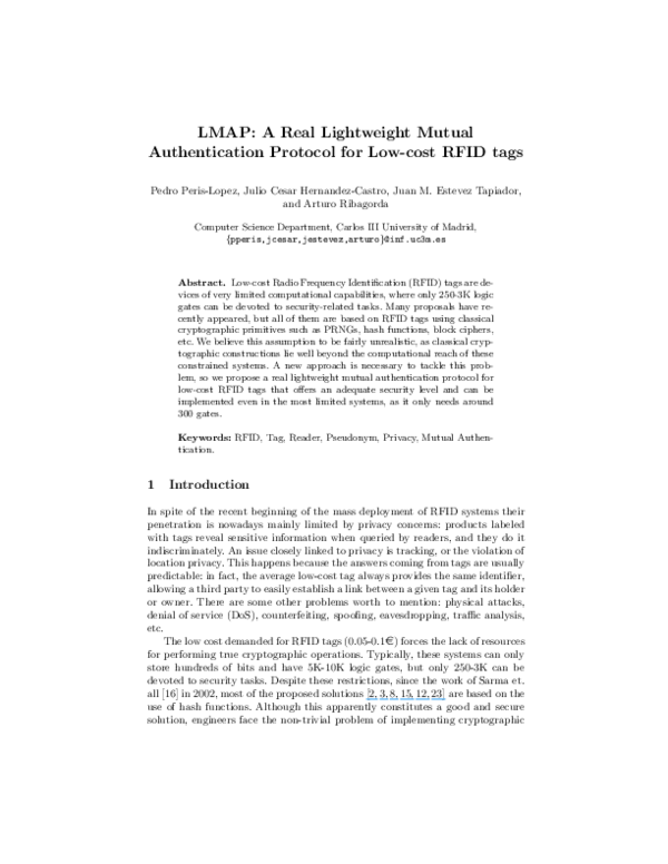 Pdf Lmap A Real Lightweight Mutual Authentication Protocol For Low