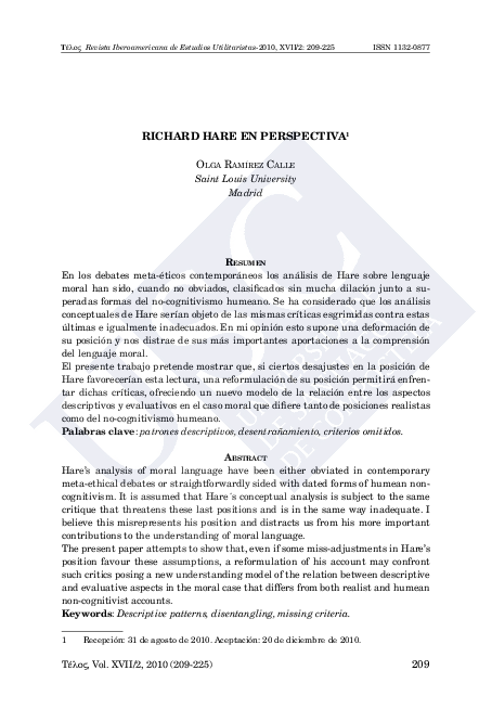 (PDF) Richard Hare en perspectiva