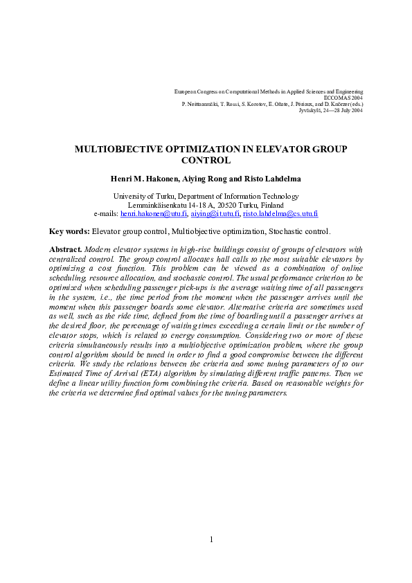 (PDF) Multiobjective Optimization in Elevator Group Control
