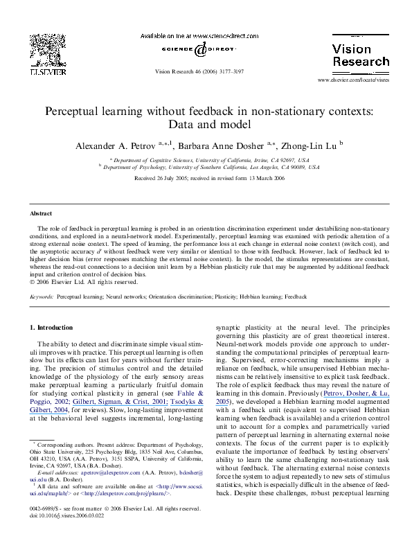(PDF) Perceptual learning without feedback in non-stationary contexts: Data and model