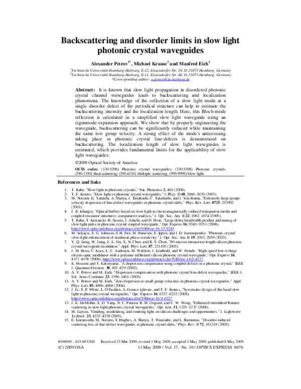 (PDF) Backscattering and disorder limits in slow light photonic crystal waveguides