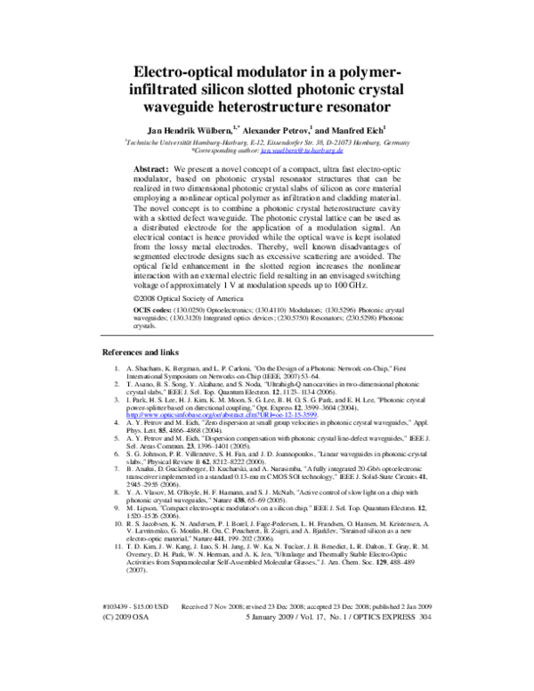 (PDF) Electro-optical modulator in a polymerinfiltrated silicon slotted ...