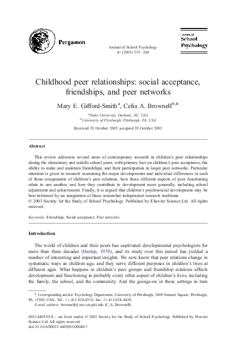 (PDF) Childhood peer relationships: social acceptance, friendships, and ...