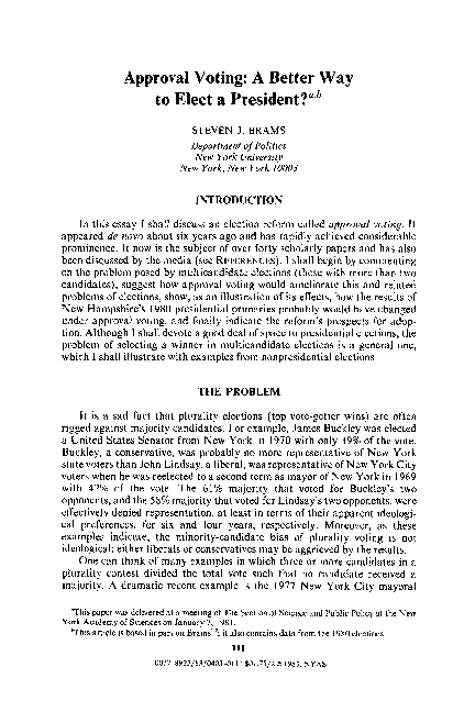 (PDF) Approval Voting: A Better Way to Elect a President?, b | Steven Brams - Academia.edu