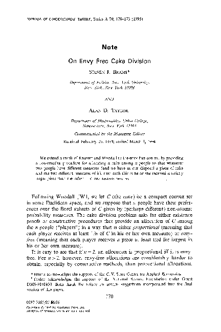 (PDF) On envy-free cake division