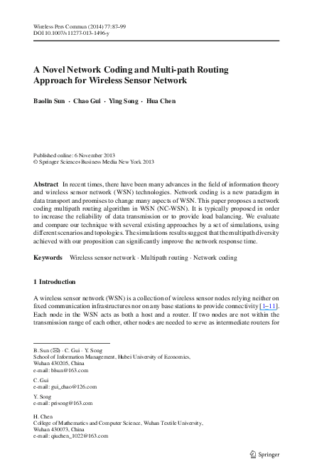 Pdf A Novel Network Coding And Multi Path Routing Approach For Wireless Sensor Network