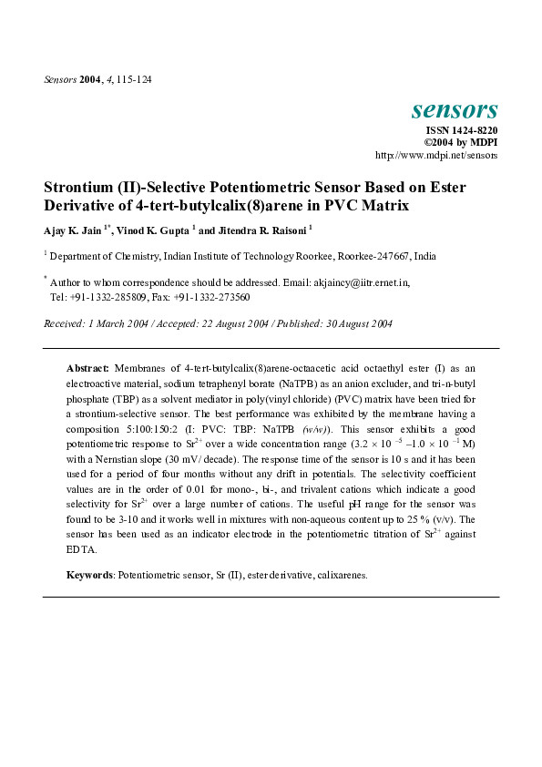 (PDF) Strontium (II)-Selective Potentiometric Sensor Based on Ester Derivative of 4-tert ...