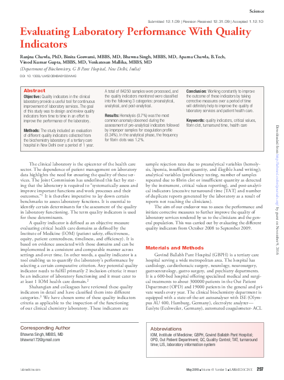 (PDF) Evaluating Laboratory Performance With Quality Indicators