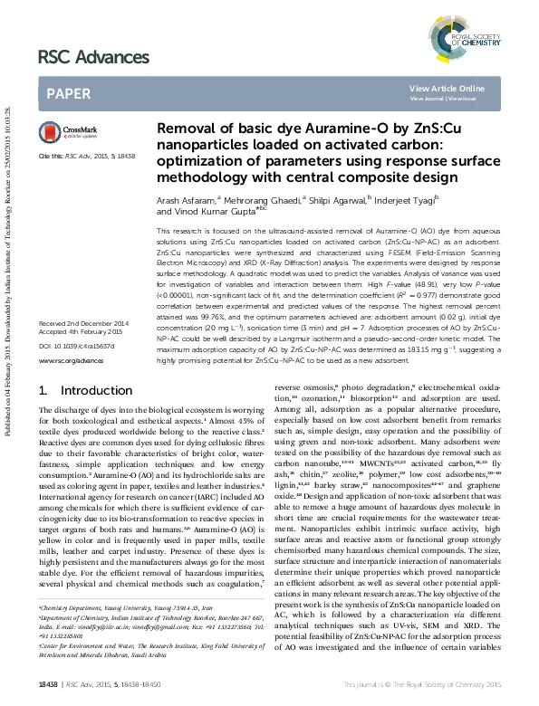 (PDF) Removal of basic dye Auramine-O by ZnS:Cu nanoparticles loaded on activated carbon ...