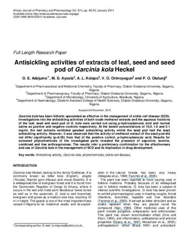 (PDF) Antisickling activities of extracts of leaf, seed and seed pod of Garcinia kola Heckel