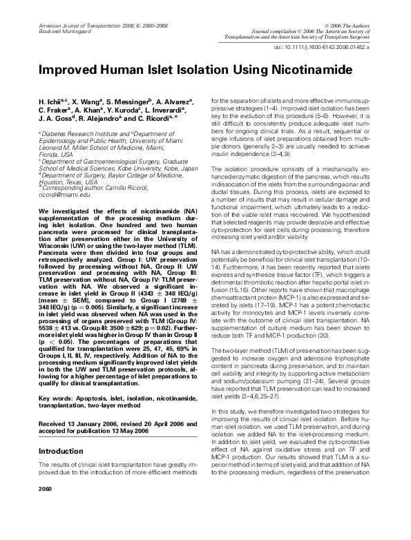 (PDF) Improved Human Islet Isolation Using Nicotinamide