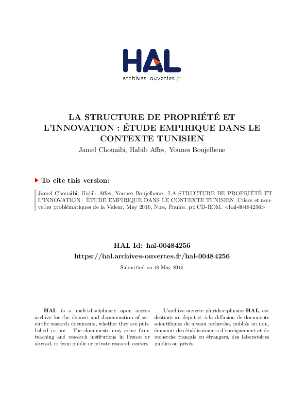 (PDF) La Structure De Propri t et L'Innovation : tude Empirique Dans Le Contexte Tunisien