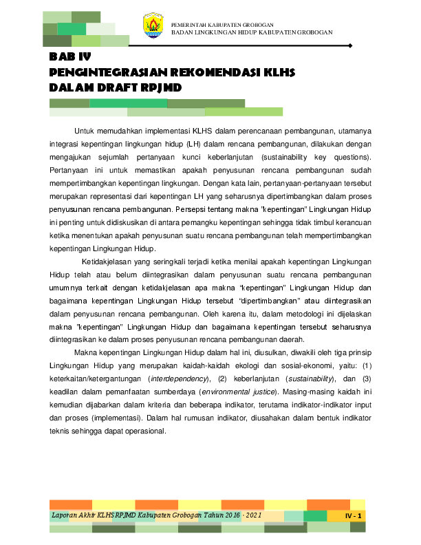 (PDF) BAB IV PENGINTEGRASIAN REKOMENDASI KLHS DALAM DRAFT RPJMD