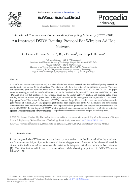 (PDF) An Improved DSDV Routing Protocol For Wireless Ad Hoc Networks (PDF) An Improved DSDV Routing Protocol For Wireless Ad Hoc Networks