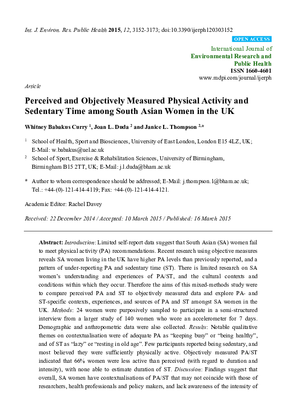 (PDF) Perceived and Objectively Measured Physical Activity and Sedentary Time among South Asian ...