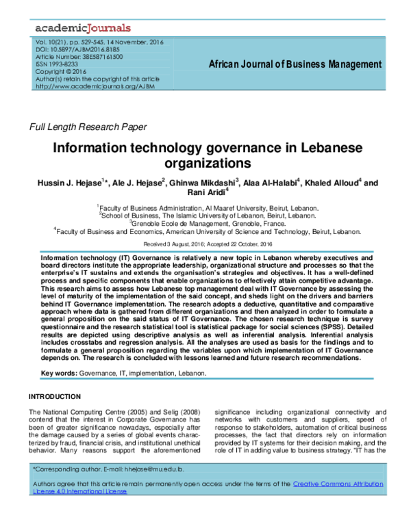 (PDF) African Journal of Business Management Information technology governance in Lebanese ...