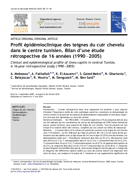 (PDF) Profil épidémioclinique des teignes du cuir chevelu dans le ...
