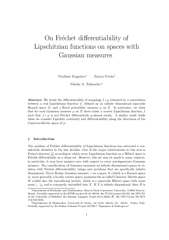 (PDF) On Fréchet differentiability of Lipschitzian functions on spaces with gaussian measures