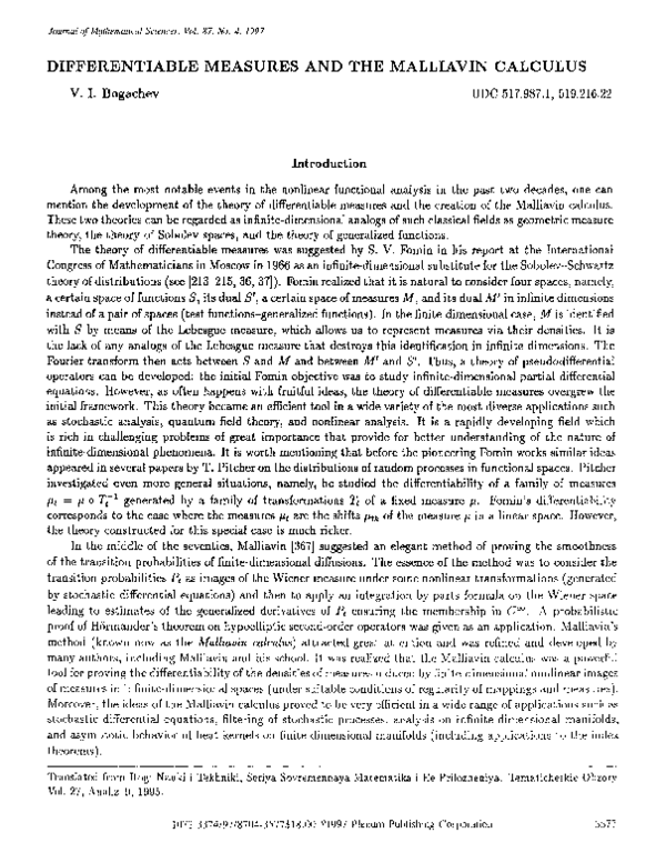 (PDF) Differentiable measures and the Malliavin calculus