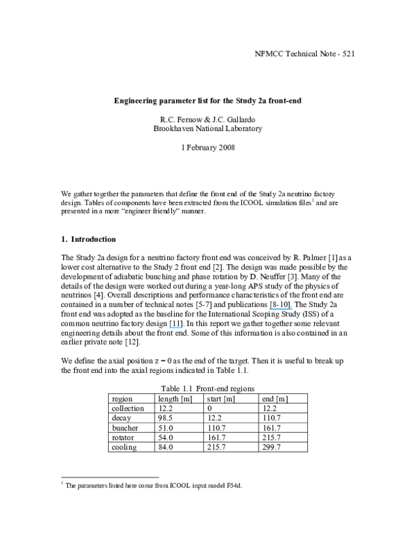 (PDF) Engineering parameter list for the Study 2a front-end