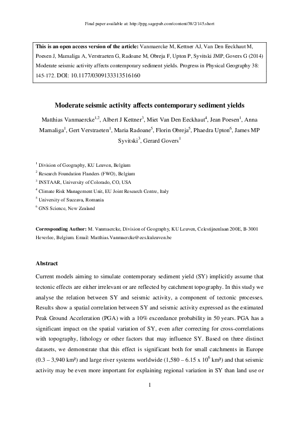 (PDF) Moderate seismic activity affects contemporary sediment yields ...