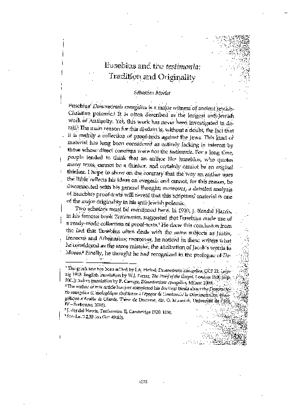 (PDF) « Eusebius and the Testimonia : Tradition and Originality », dans ...