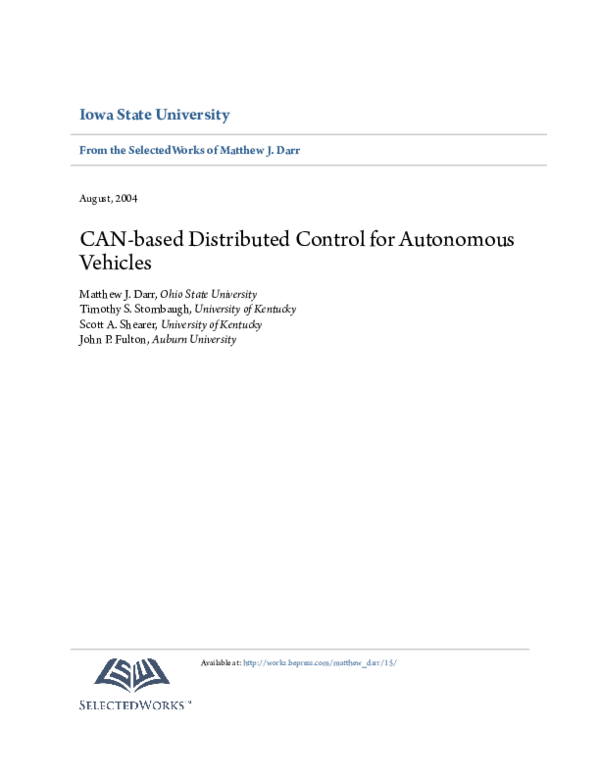 Pdf Can Based Distributed Control For Autonomous Vehicles