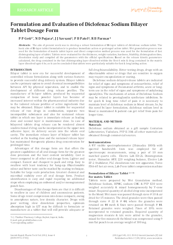 (PDF) Formulation and Evaluation of Diclofenac Sodium Using Hydrophilic Matrices