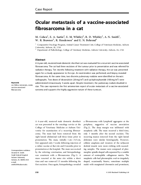 (PDF) Ocular metastasis of a vaccine-associated fibrosarcoma in a cat