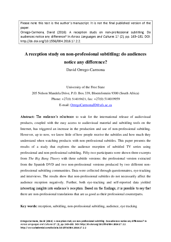 (PDF) 2016. A reception study on non-professional subtitling: do ...